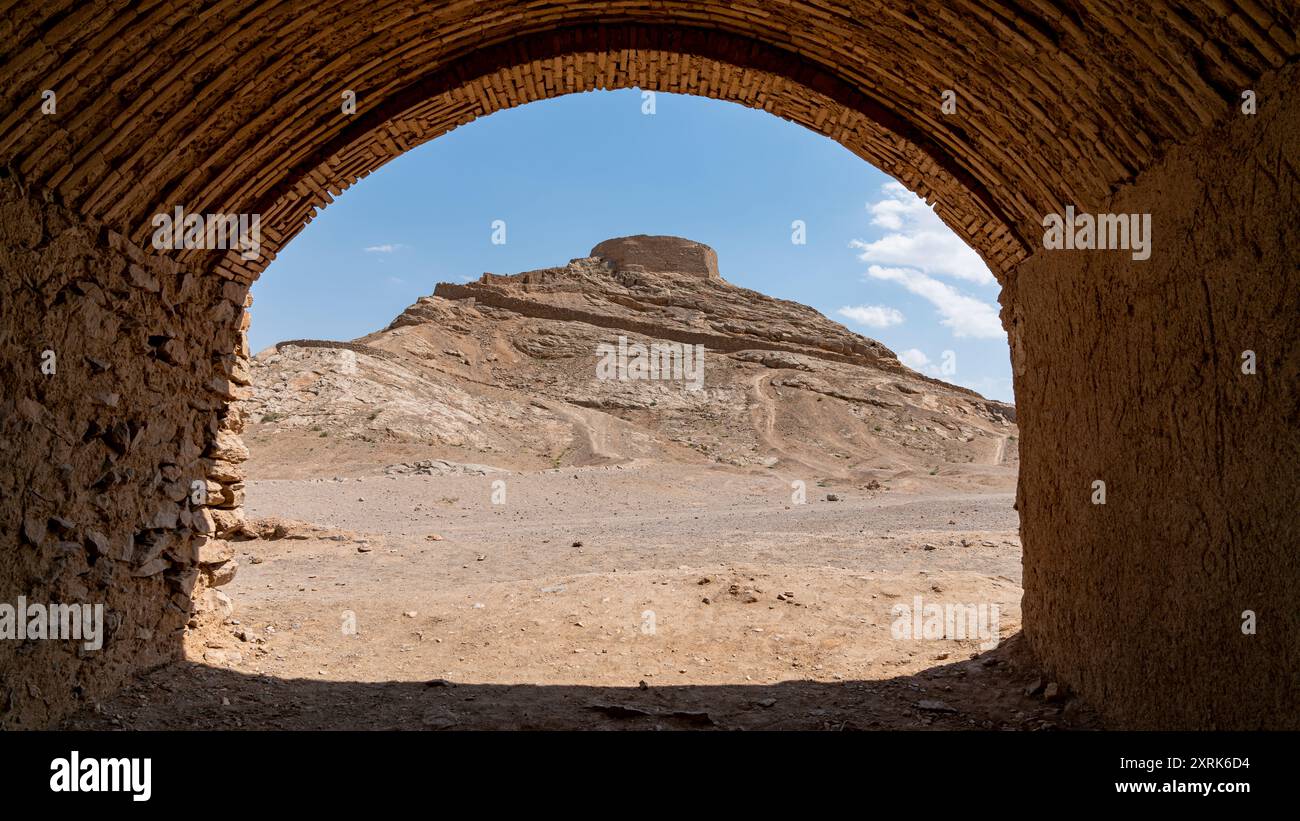 Yazd, Iran - 2 May 2019: Ruins of the Zoroastrian Dakhmeh, the Towers ...