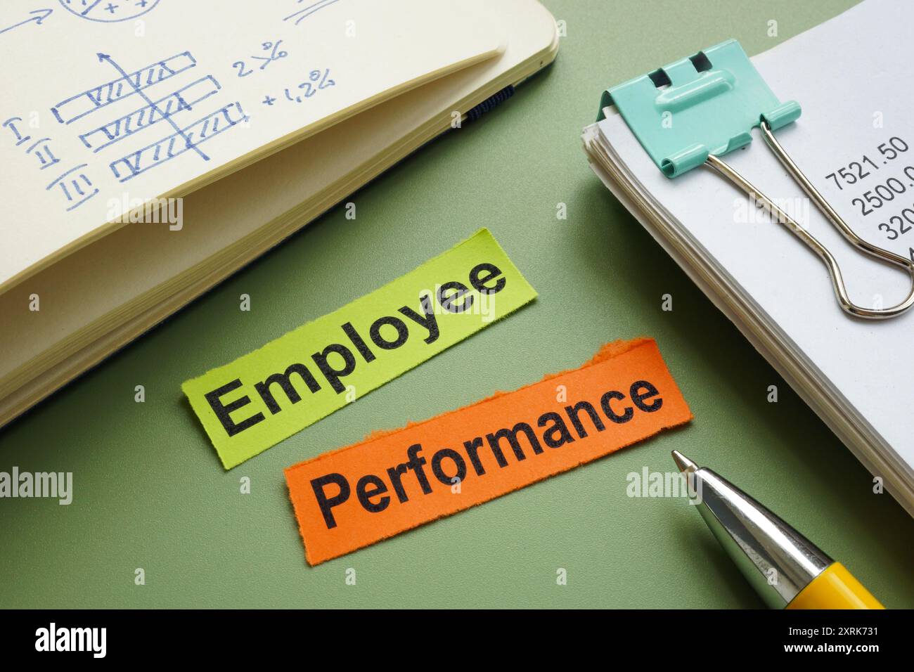 Employee performance written on pieces of paper on an office desk Stock ...