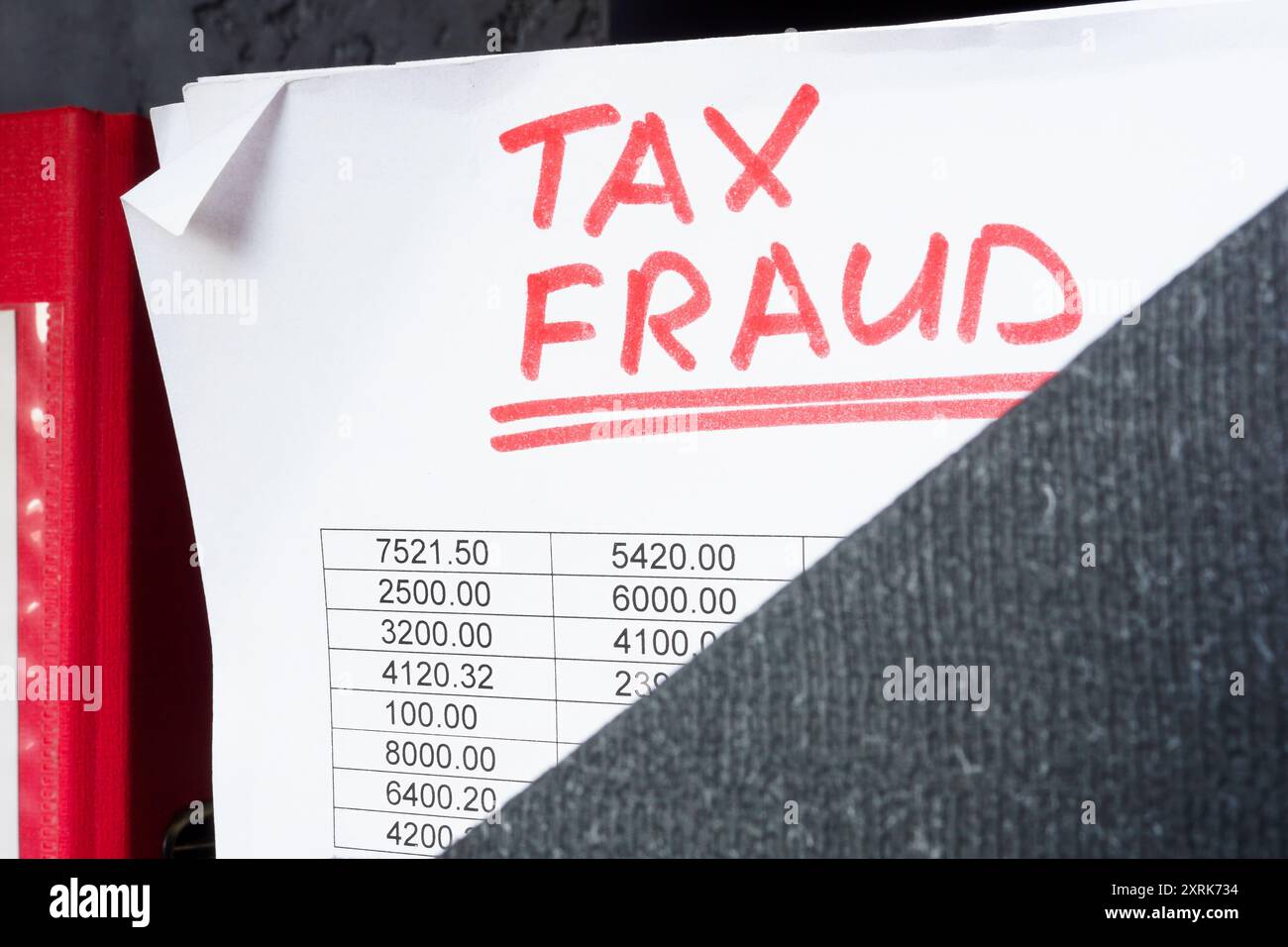 Stack of financial papers labeled tax fraud. Issues with tax compliance ...