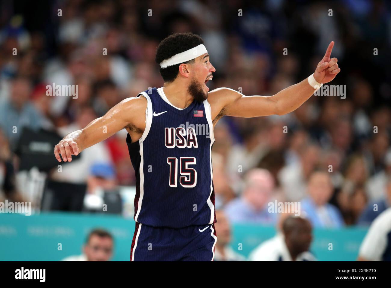 PARIS, FRANCE - AUGUST 10: Devin Booker of United States reacts during ...