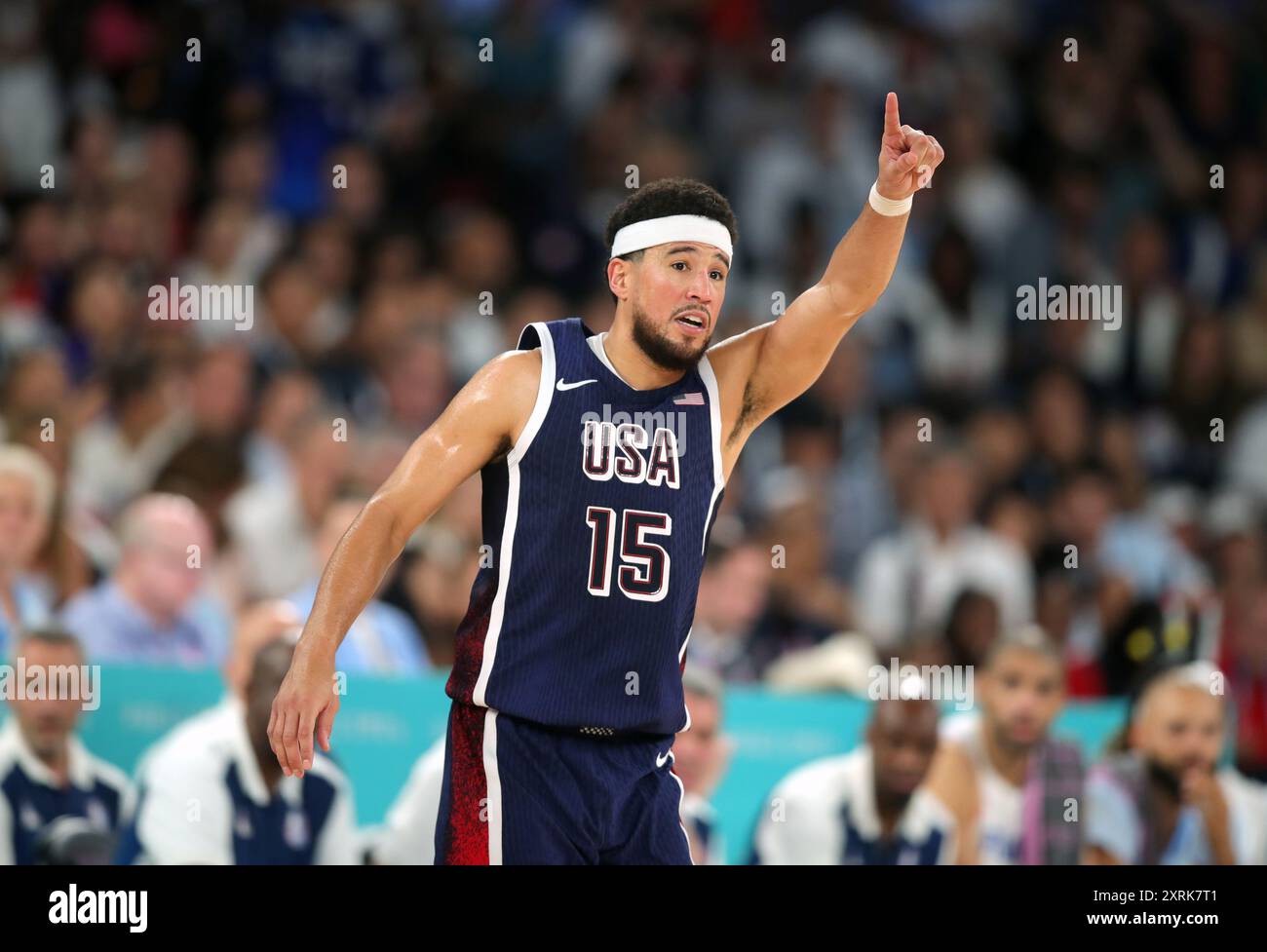 PARIS, FRANCE - AUGUST 10: Devin Booker of United States reacts during ...