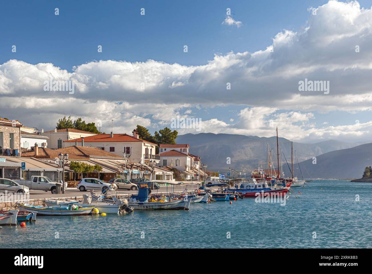 Scenic view of Galaxidi waterfront with traditional Greek architecture ...
