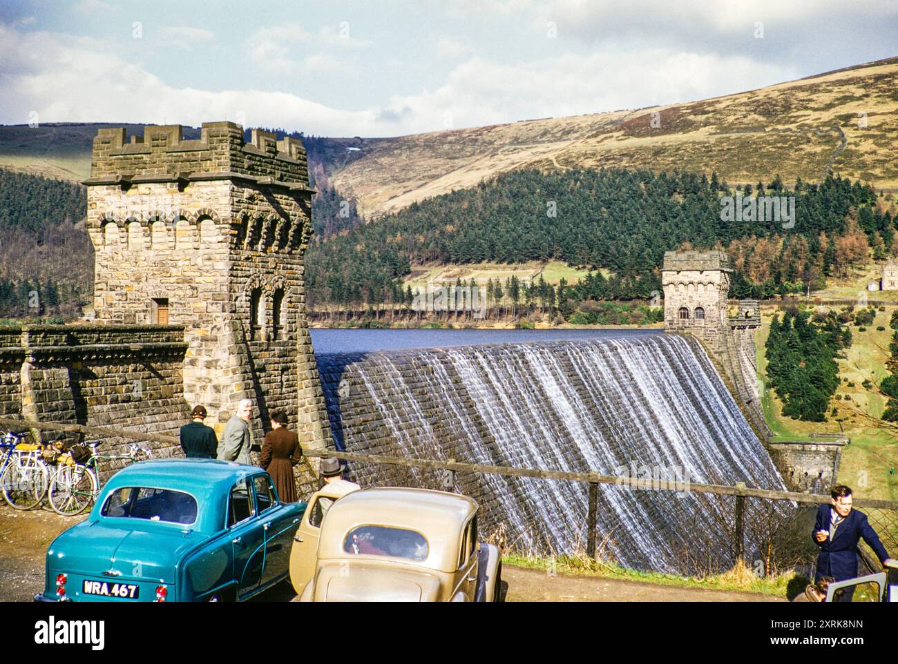 Water flowing over dam wall of Howden dam, Derwent reservoir, Peak ...