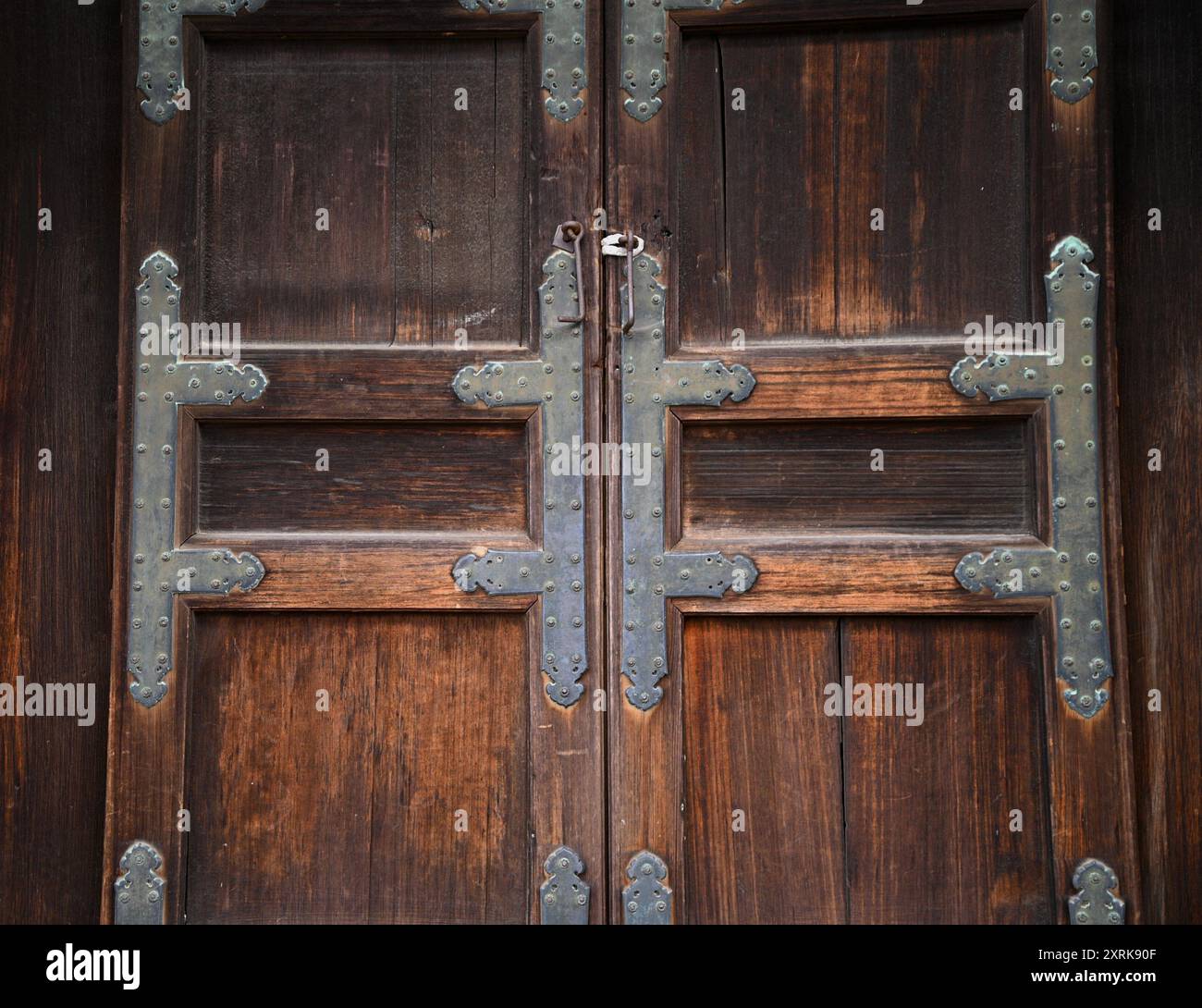 Antique Japanese cedar wooden entrance door with vintage bronze hinges ...
