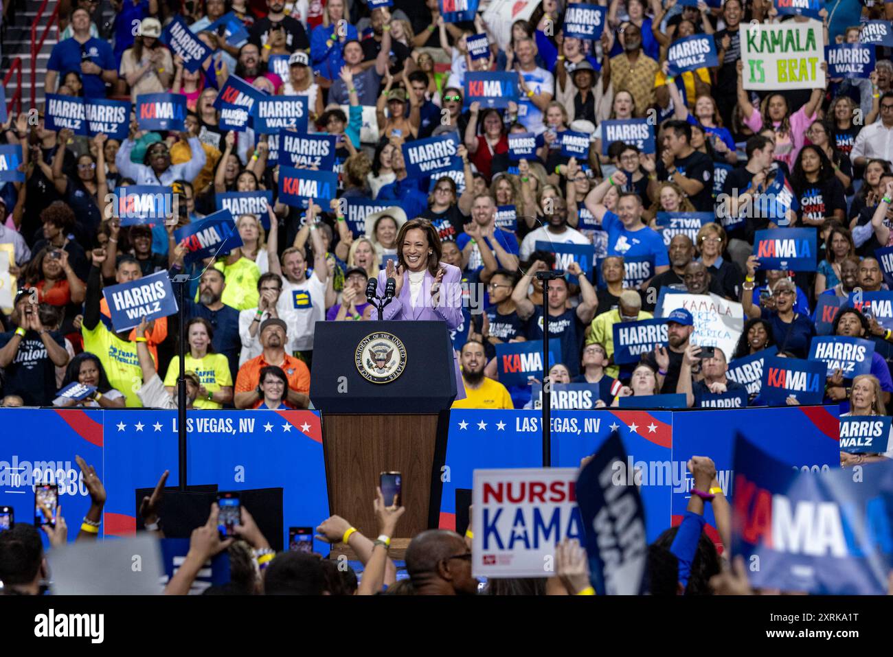 Las Vegas, USA. 10th Aug, 2024. Kamala Harris speaks at the VP Kamala ...