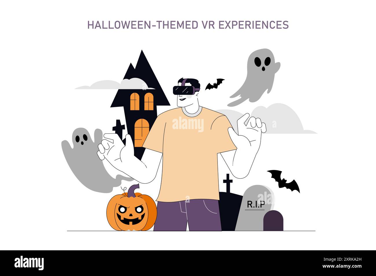 Halloween-themed VR experience concept. Man immersed in virtual reality ...