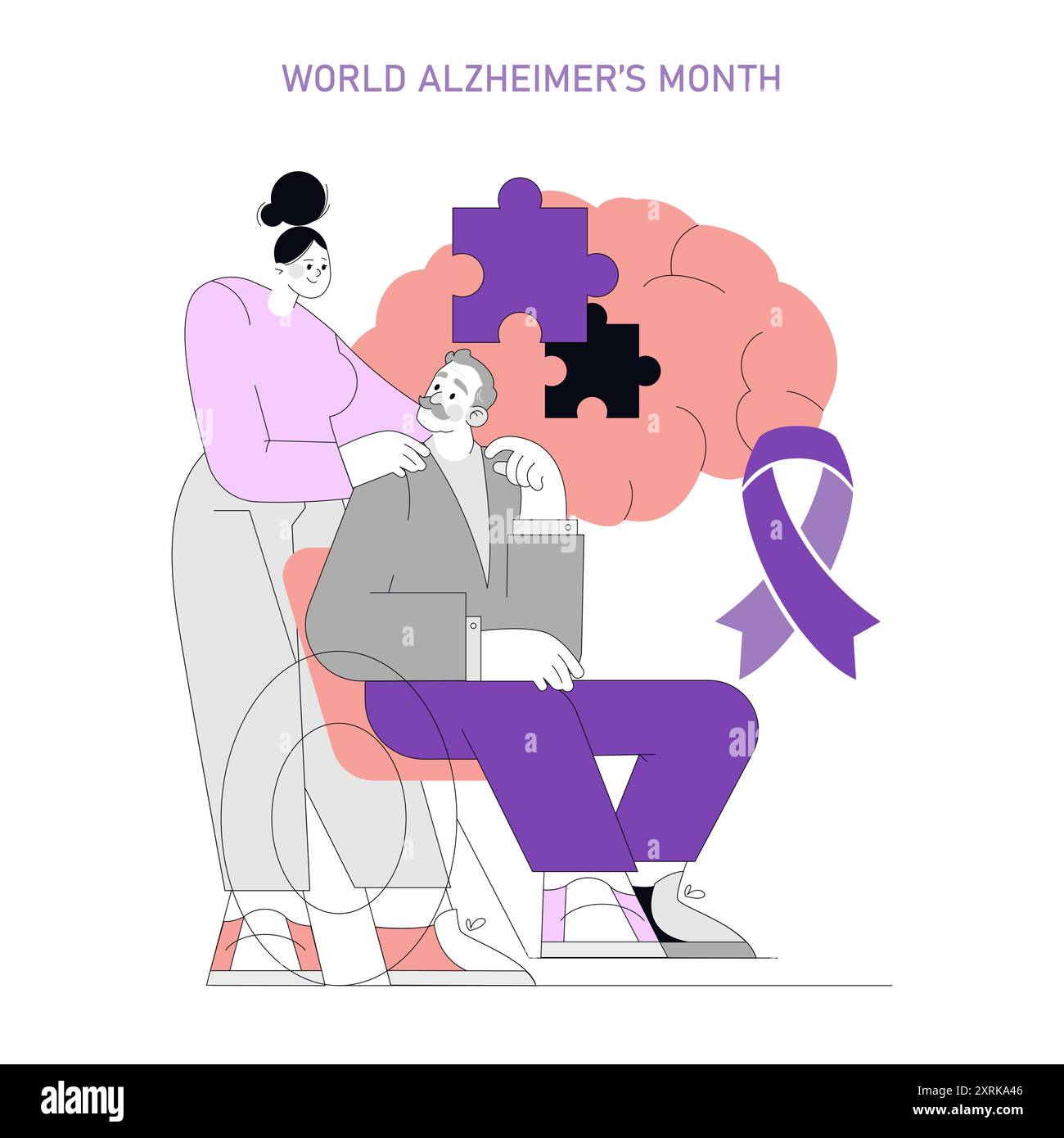 World Alzheimer's Month concept. Supportive woman with elderly man, symbolic brain puzzle, and ...