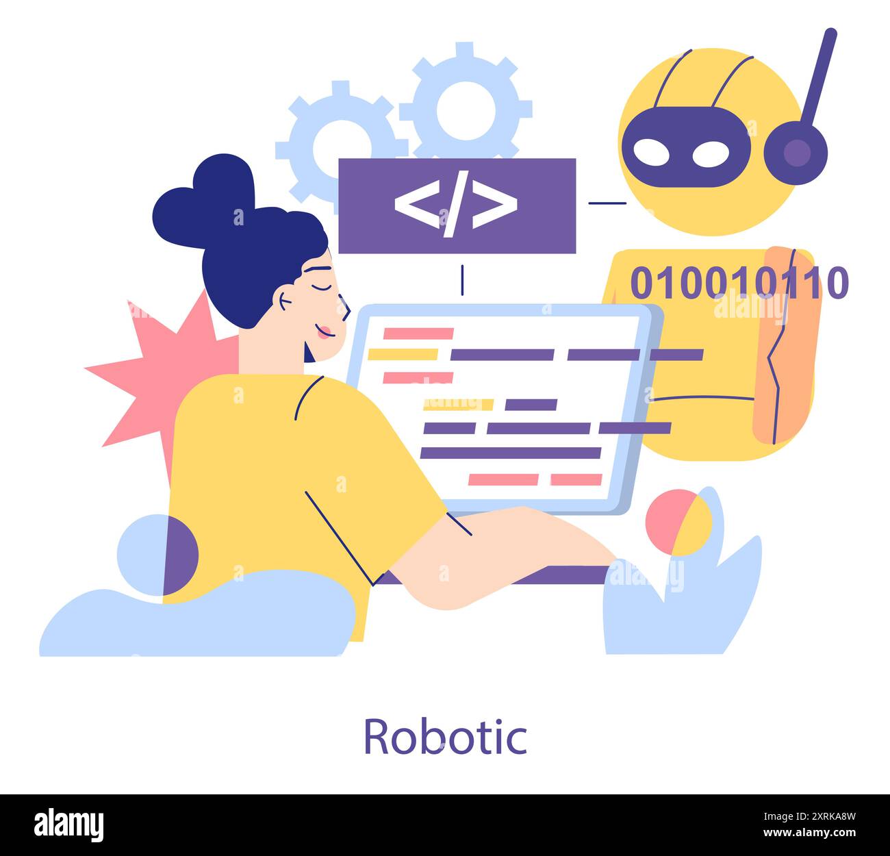 STEM education concept. A student interacts with a robot while learning ...