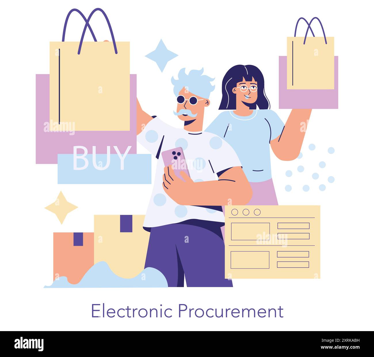 Purchasing Innovation concept. Two people with shopping bags celebrate ...