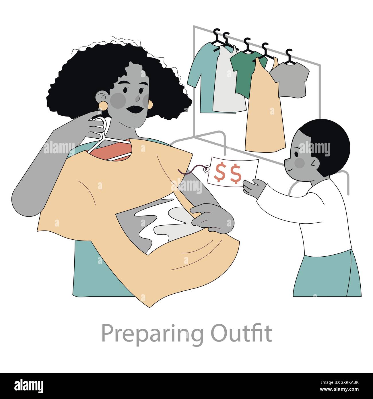 Family shopping concept. Mother trying on clothes while child suggests ...