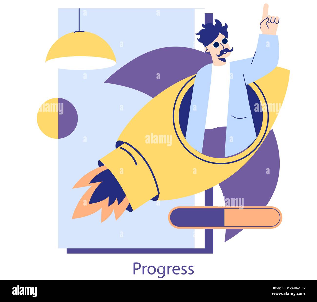 Innovation concept. A man in a rocket pointing upwards, symbolizing ...