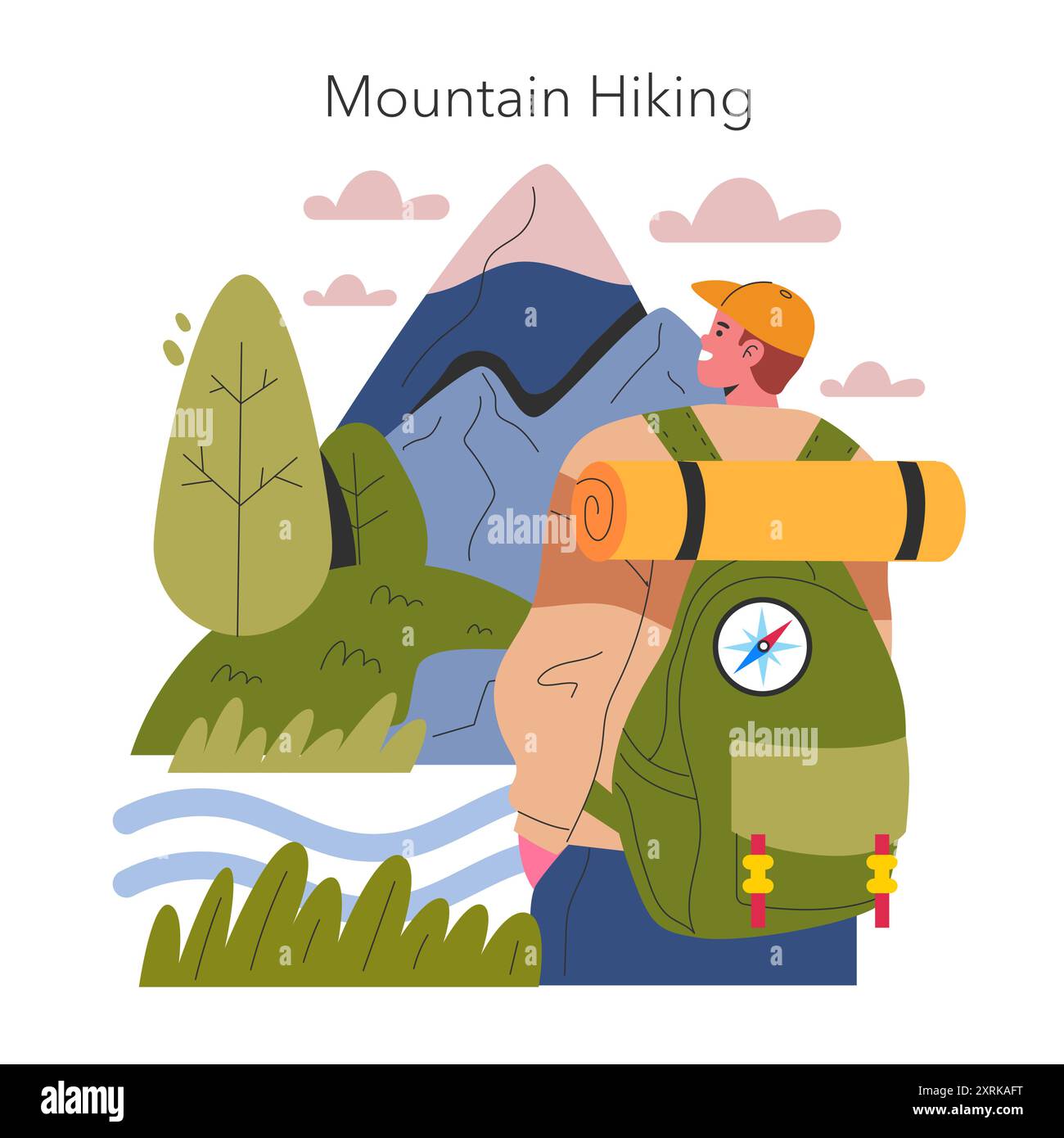 Mountain Hiking concept. Adventurous trekker with a backpack gazes at ...