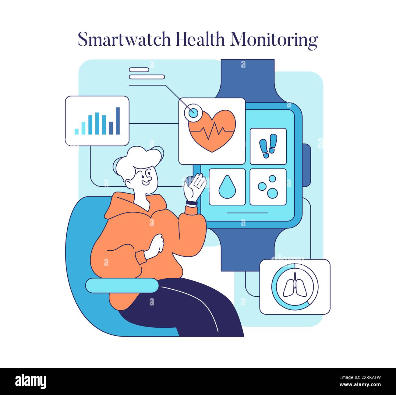 Health Monitoring concept. Illustration of person using a smartwatch to ...