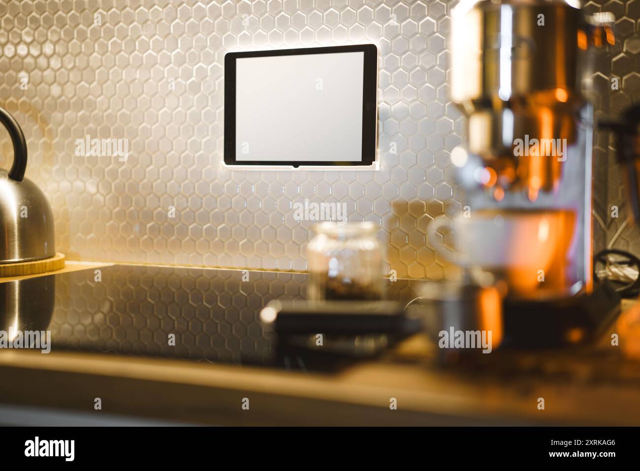 Smart kitchen interior. Empty LCD display mockup. Smart home devices ...