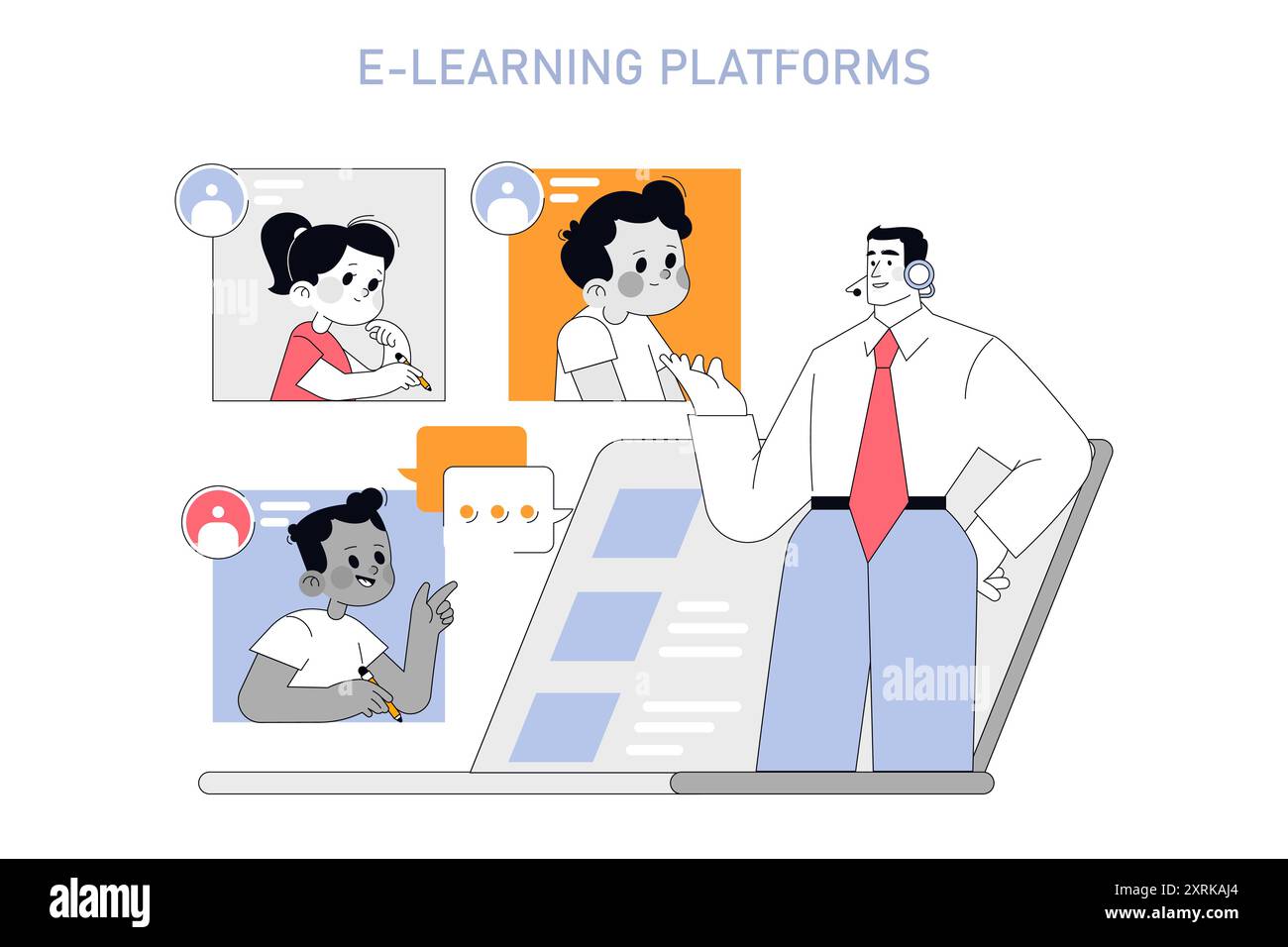 E-learning concept. Online education platform with a tutor and diverse students engaging in ...