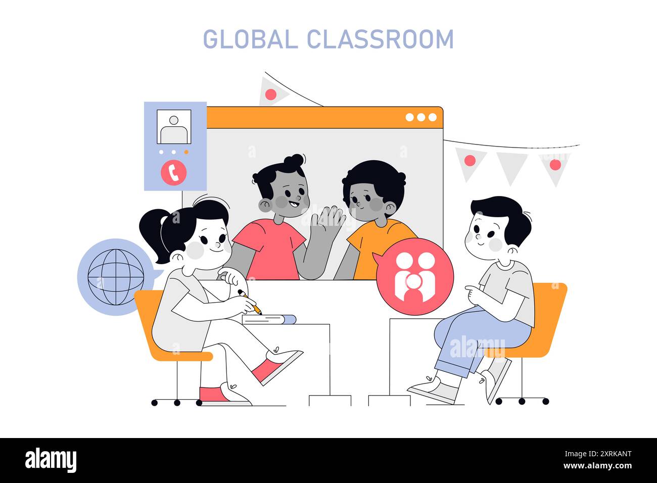 Global Classroom concept. Diverse students engage in a digital learning ...