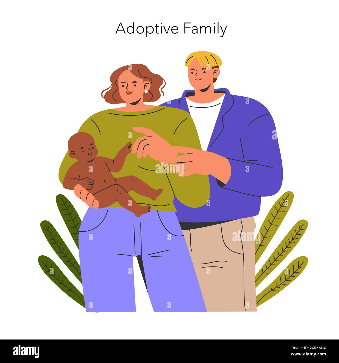 Adoptive Family concept. Illustration of a diverse couple lovingly ...