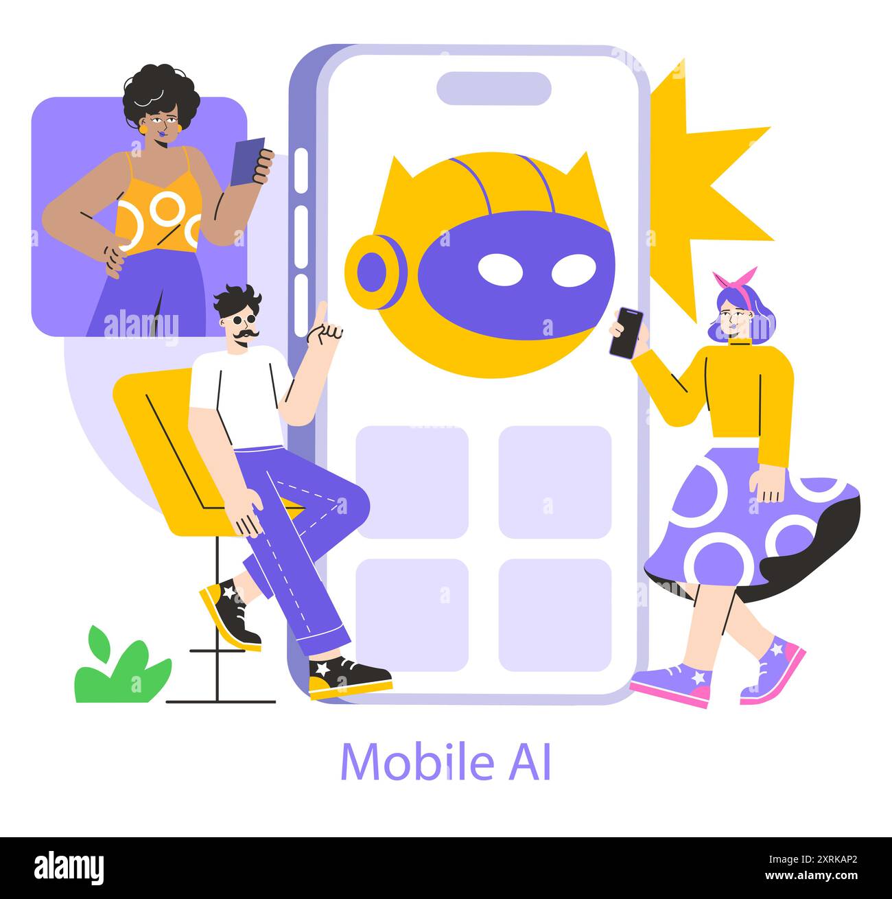 Mobile AI concept. People interacting with artificial intelligence through smartphones. Modern ...