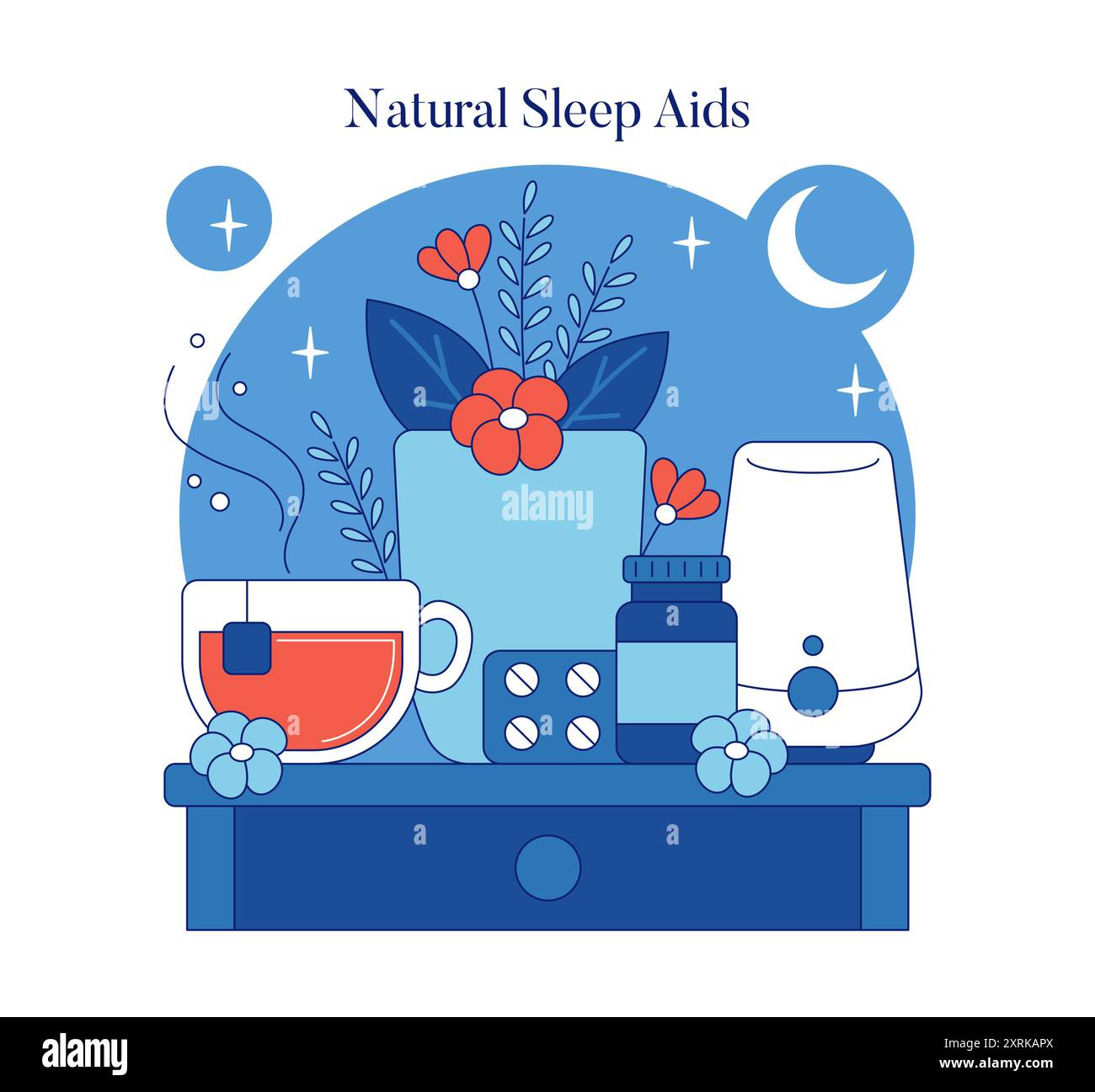Nighttime Wellness concept. Illustration of sleep aids including herbal ...
