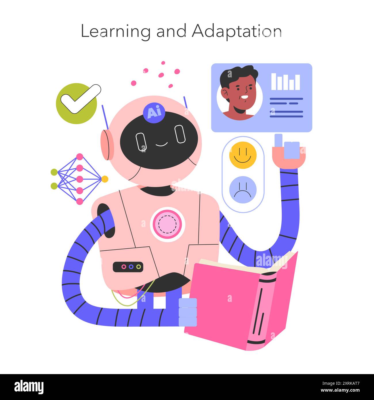 Robot Assistant concept. AI bot showcases learning capabilities with icons representing tasks ...