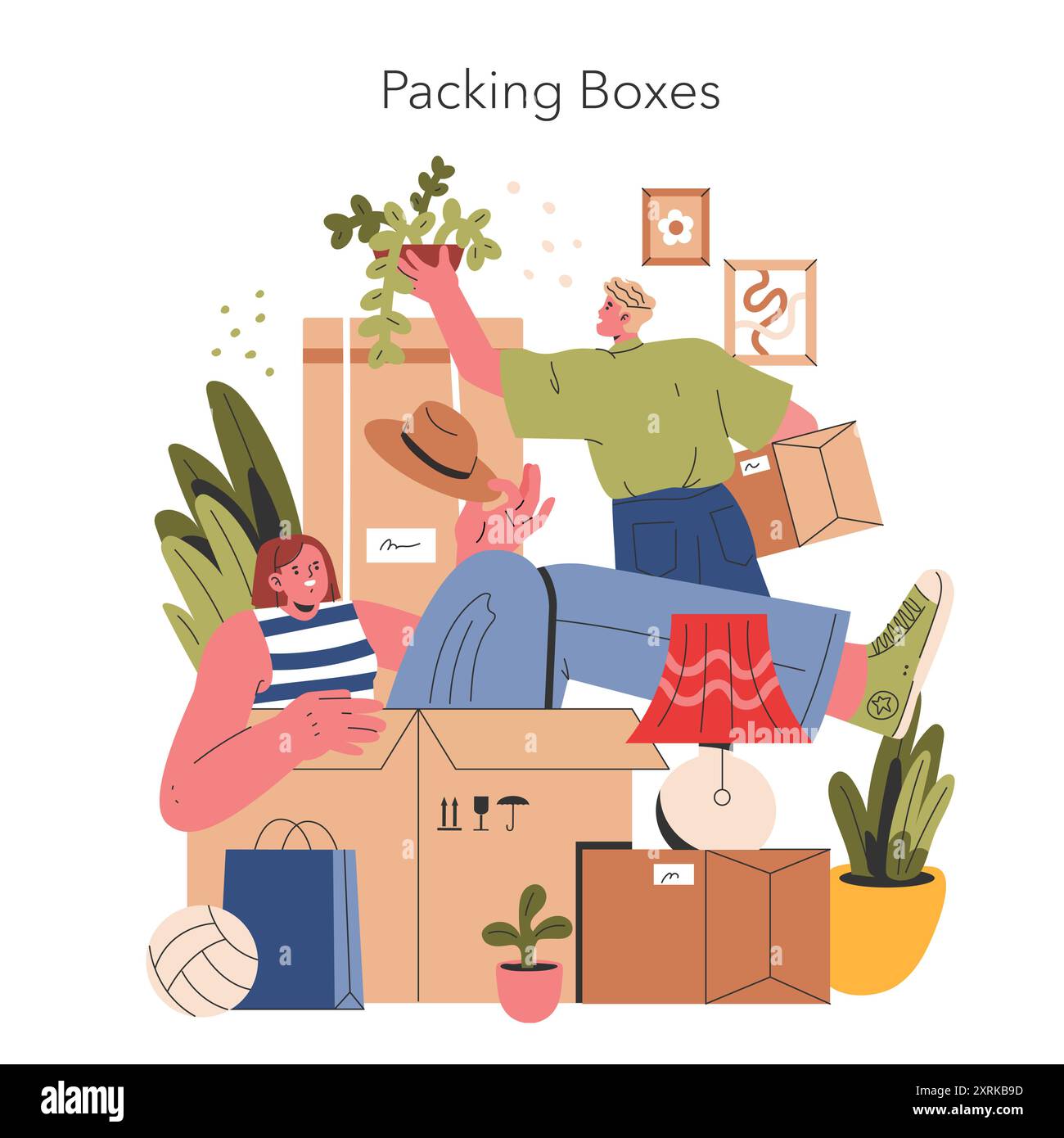 Moving House concept. A colorful scene of people packing various items ...