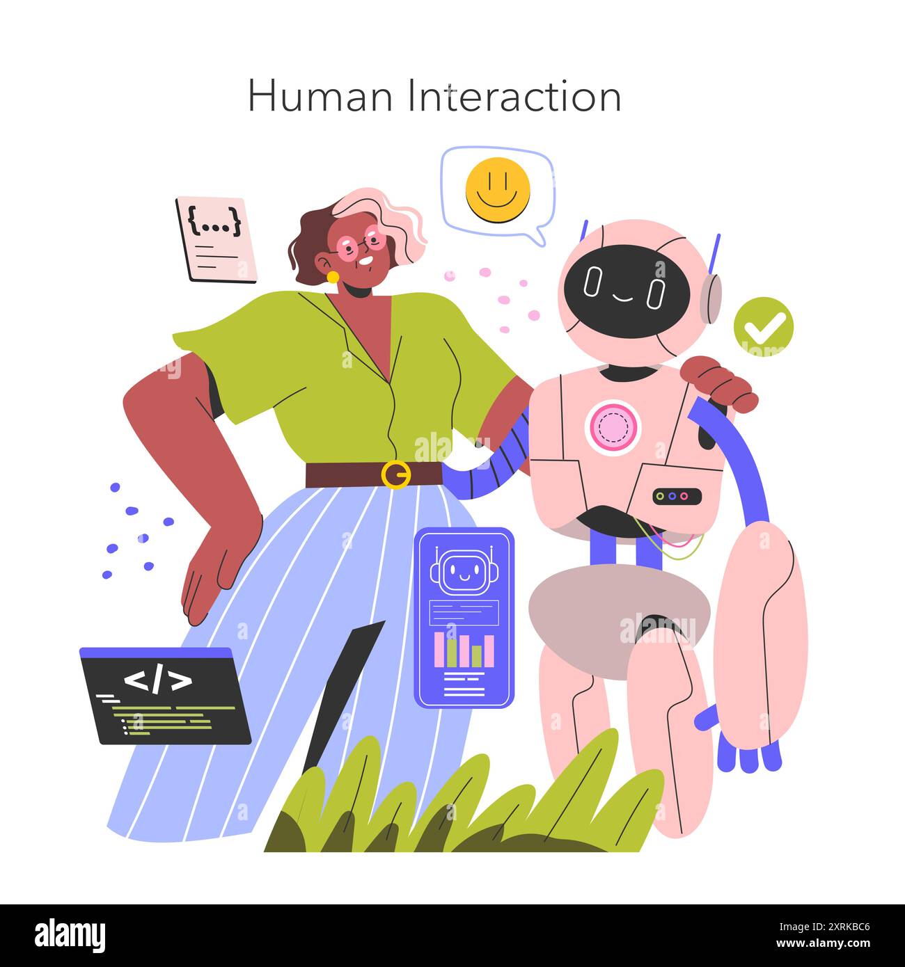 AI companionship illustration. A woman and her humanoid robot assistant ...