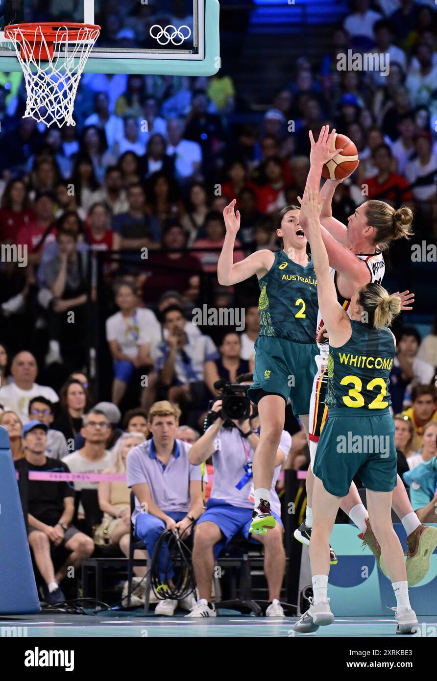 Paris, France. 11th Aug, 2024. Australia's Jade Melbourne and Belgian basket player Emma ...