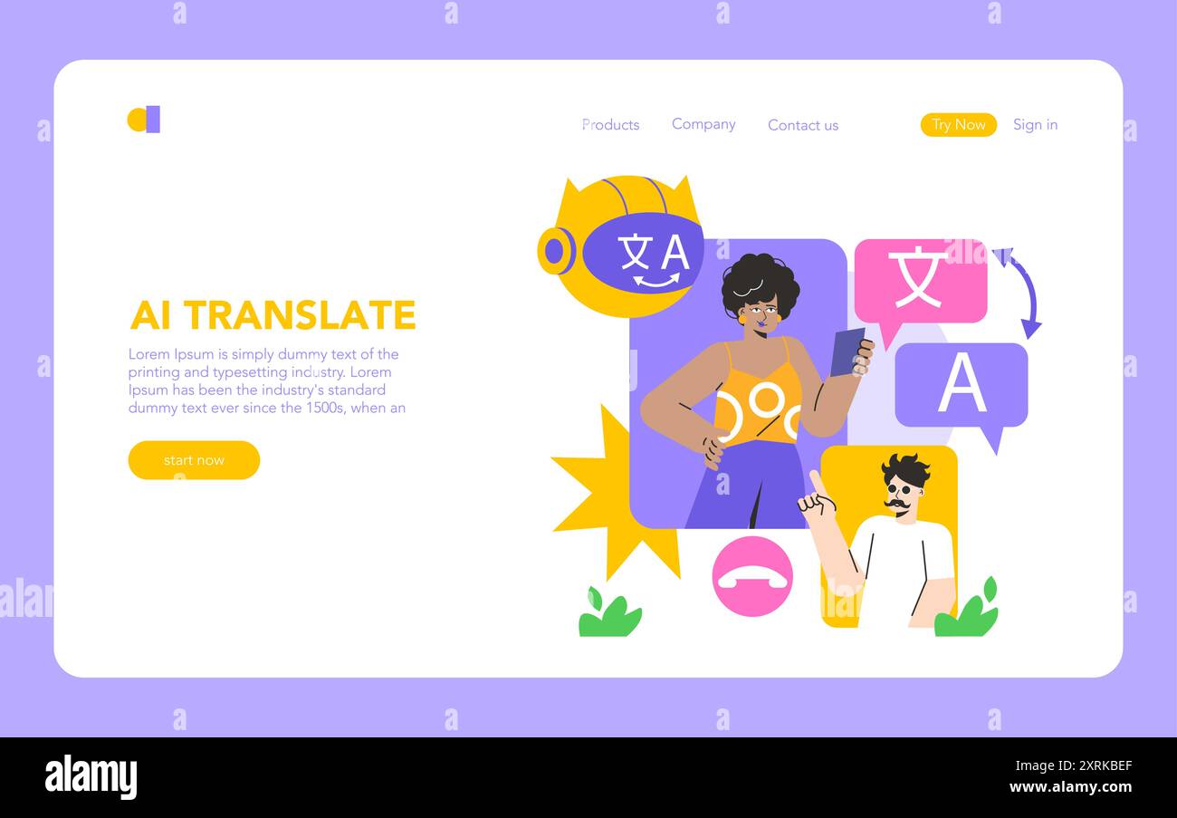 AI translation service concept. Illustration of people using artificial ...