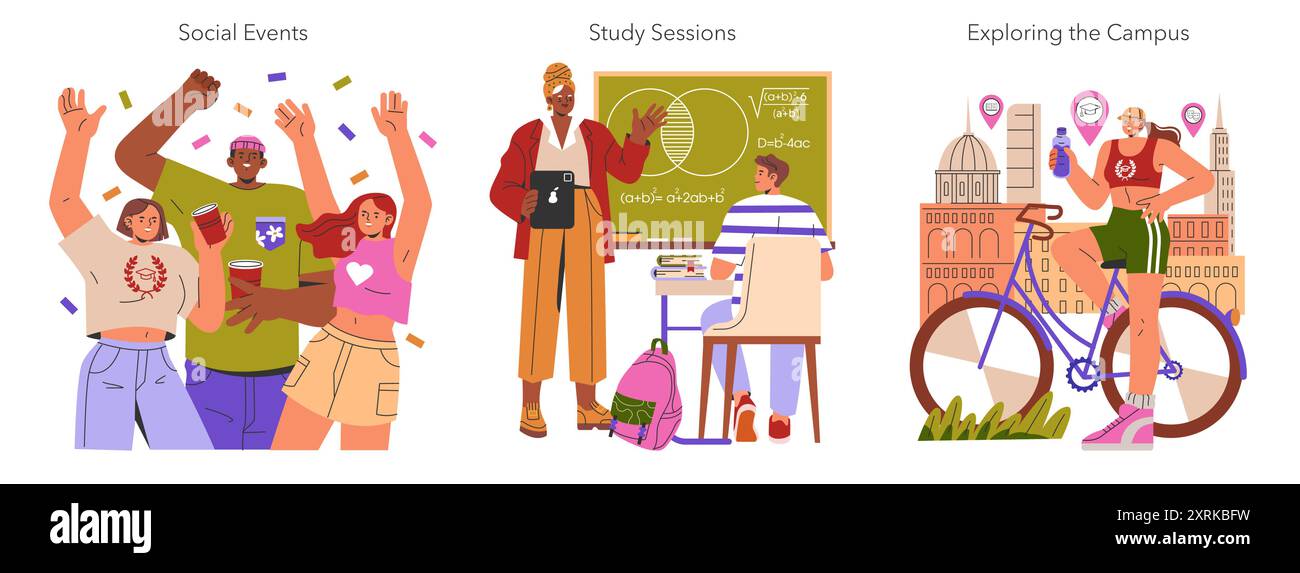 Freshman Year set. Diverse students enjoying social events, engaging in ...