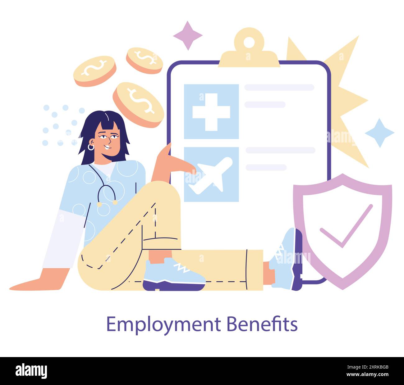 Employment Benefits concept. A person reviews a checklist with ...