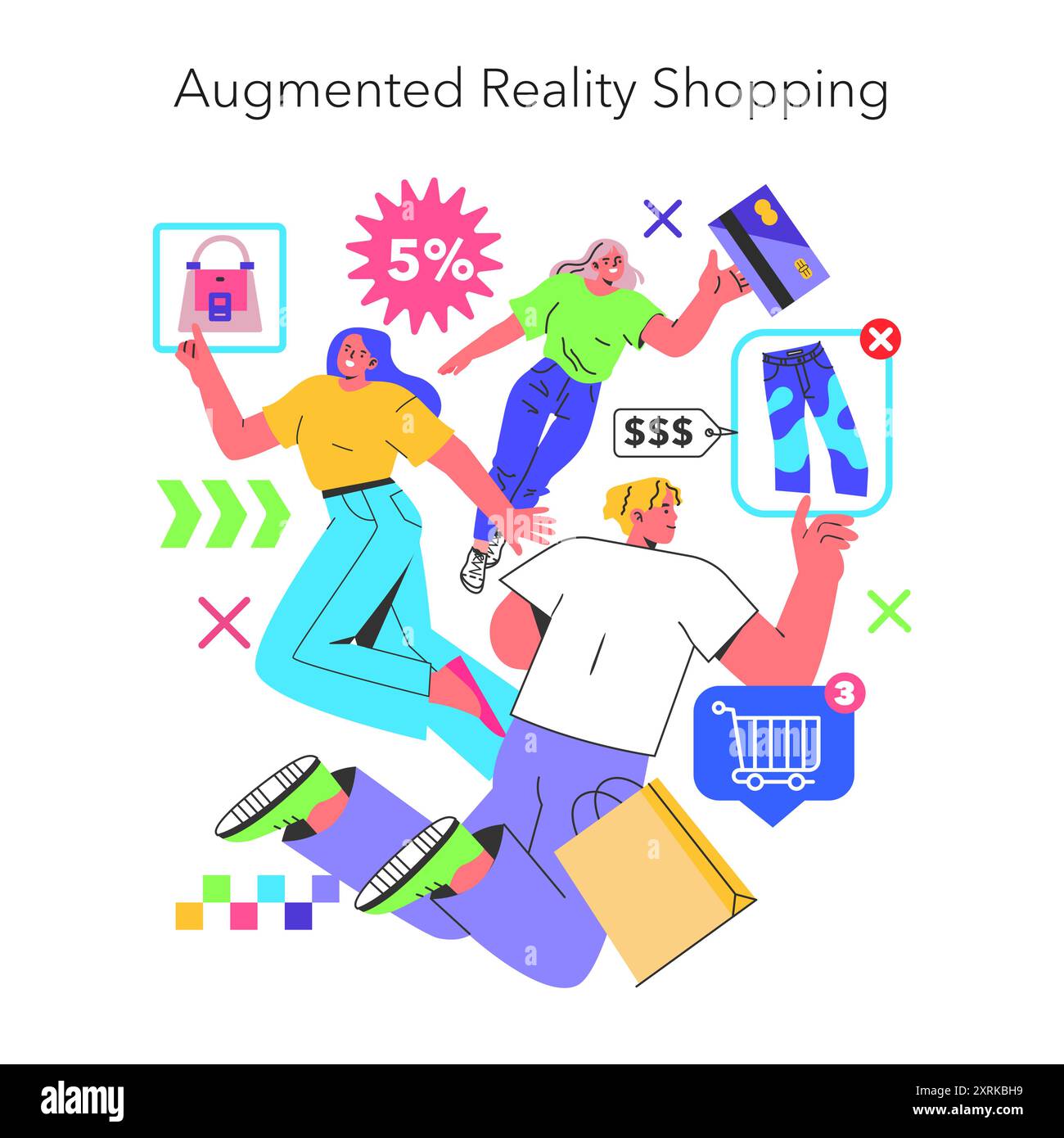 Fashion Tech concept. Shoppers interact with virtual items and ...