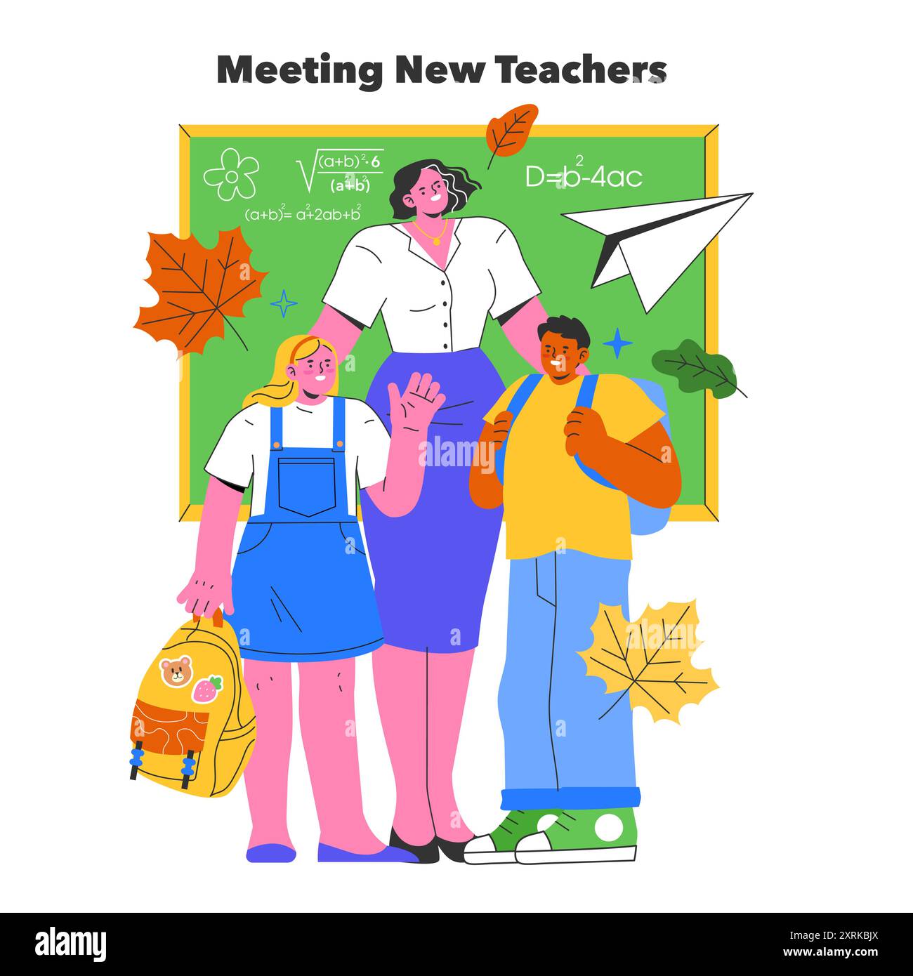 Back to School concept. Students enthusiastically meeting a new teacher ...