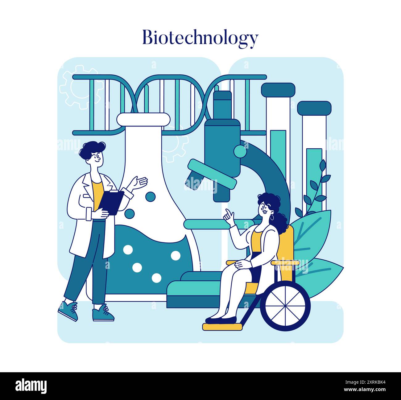 Biotechnology concept. Scientists working in a lab with DNA helix ...