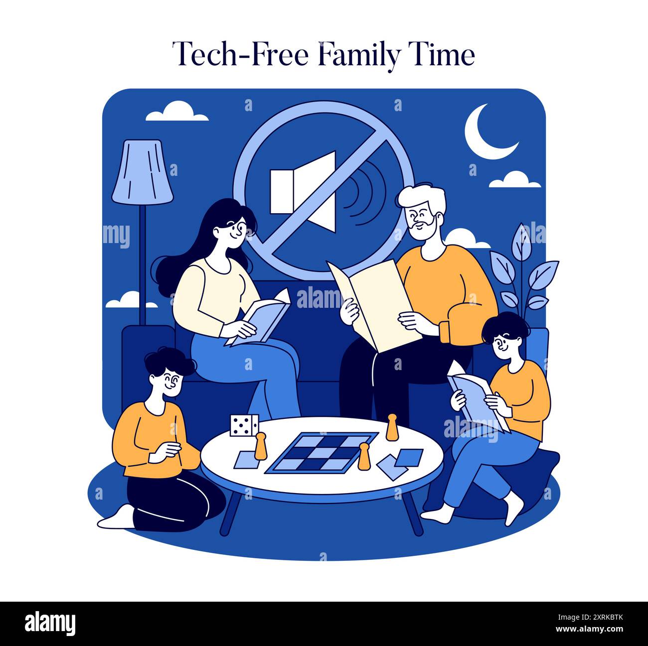 Tech-free family time concept. A family engages in reading and playing ...