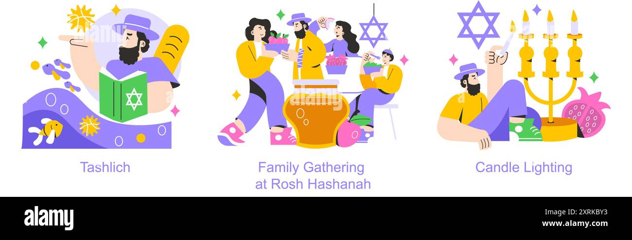 Rosh Hashanah set. Illustrations depicting Tashlich, family gathering ...