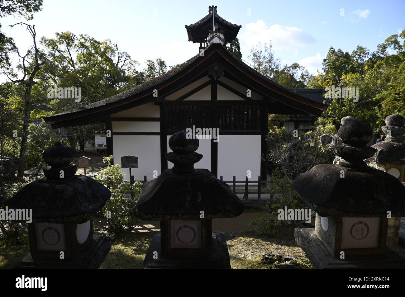 Japanese Tōrō stone lanterns covered in moss and lichen on the long ...
