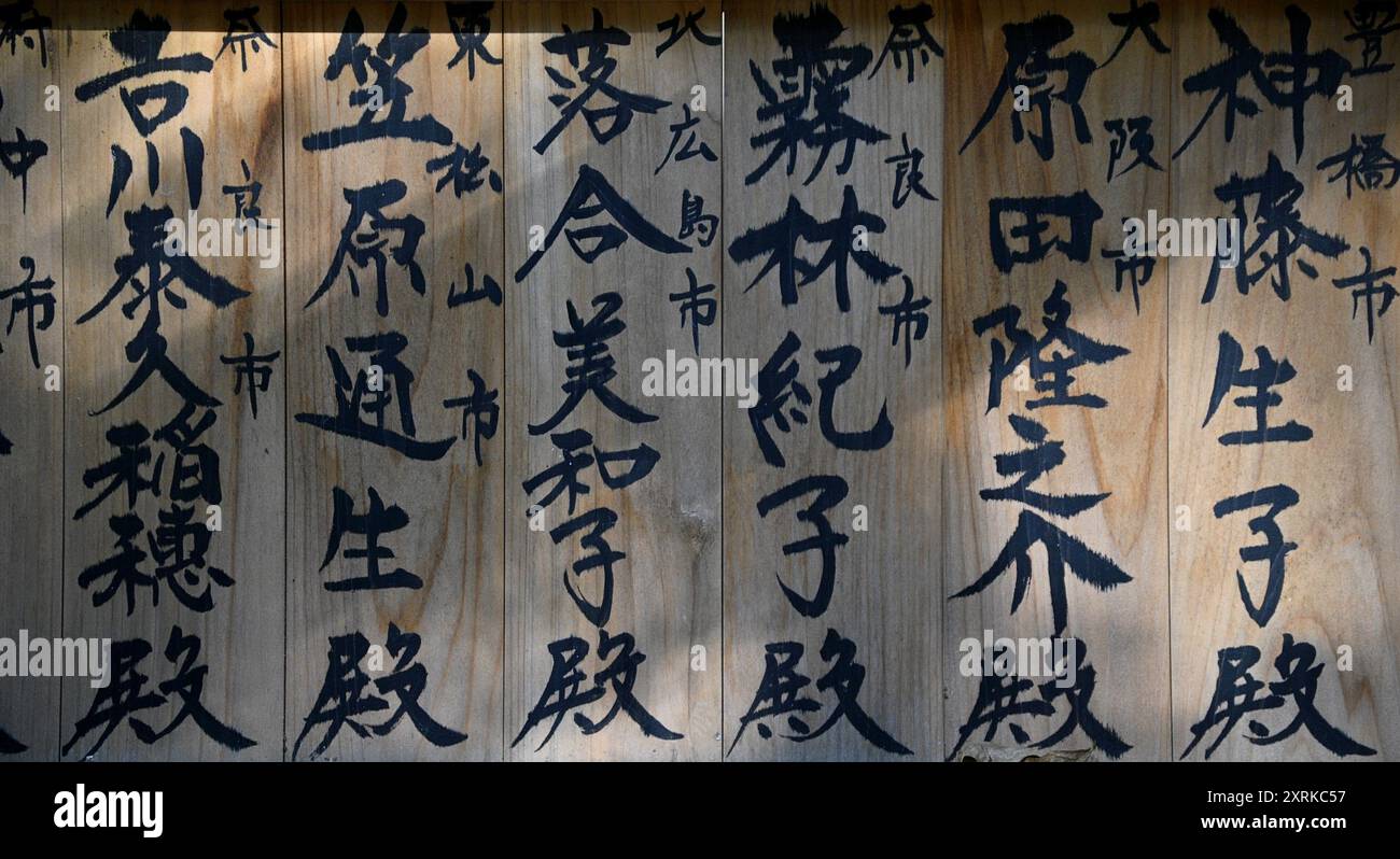 Dedicatory records in Japanese language calligraphy on the exterior of ...