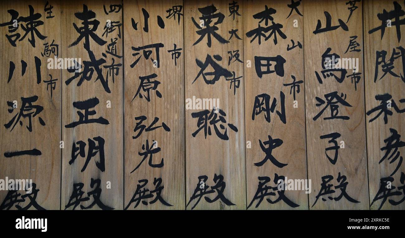 Dedicatory records in Japanese language calligraphy on the exterior of ...