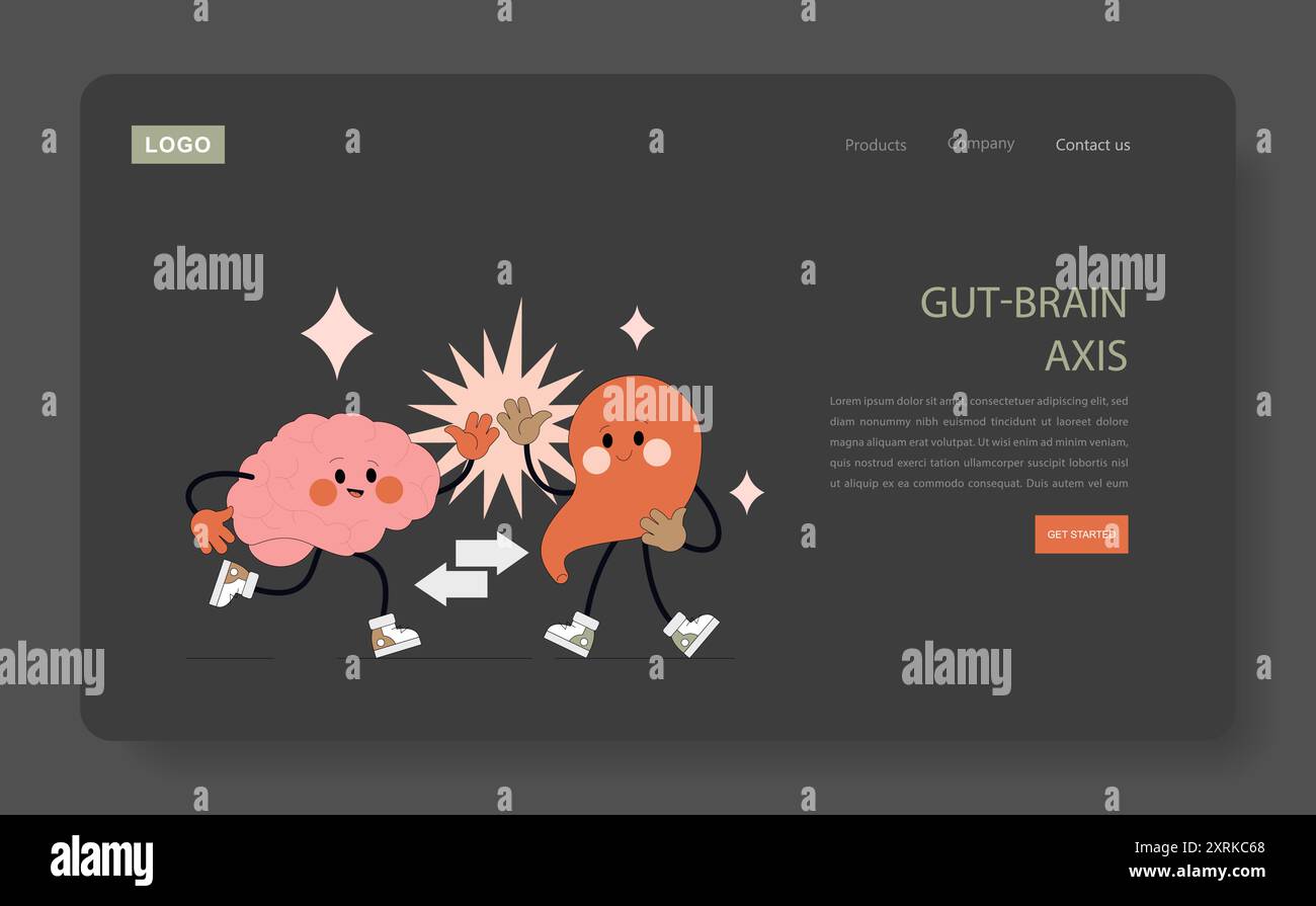 Gut-brain connection concept. Cheerful brain and gut characters with ... Gut-brain connection concept. Cheerful brain and gut characters with ...