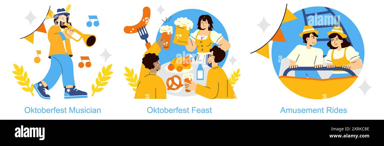 Oktoberfest set. German festival celebration with musician, feasting ...