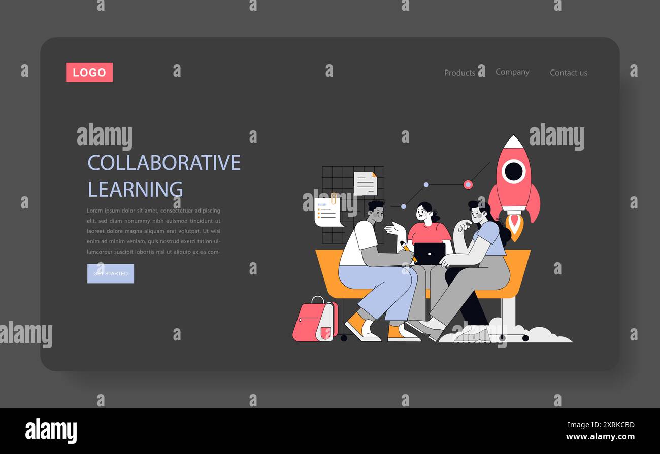 Collaborative learning concept. Students engaging in teamwork by a rocket launch symbolizes ...