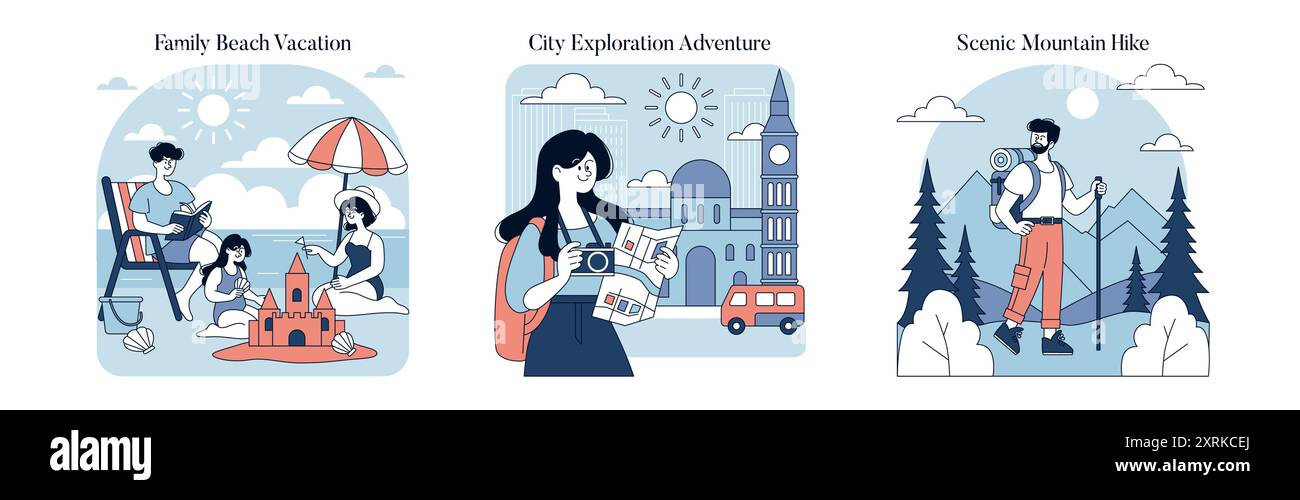 Travel Experience set. Family at the beach, exploration in the city ...