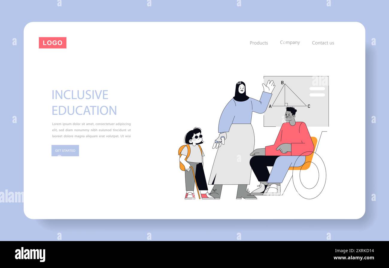 Inclusive education concept. Diverse students with a teacher, one in a wheelchair, another using ...