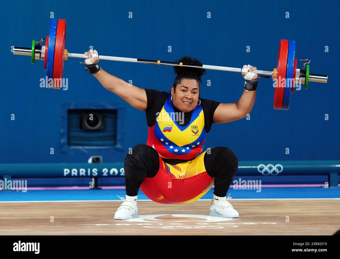 Venezuela's Reveron Naryury Perez during the Women's Weightlifting +81kg at South Paris Arena on ...