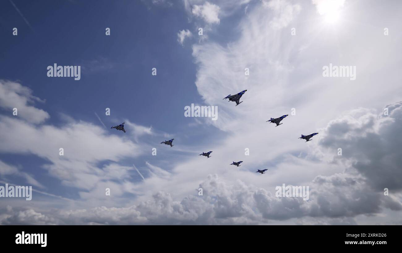 Wedge planes fly on the background of the sky Air plane flies in the ...