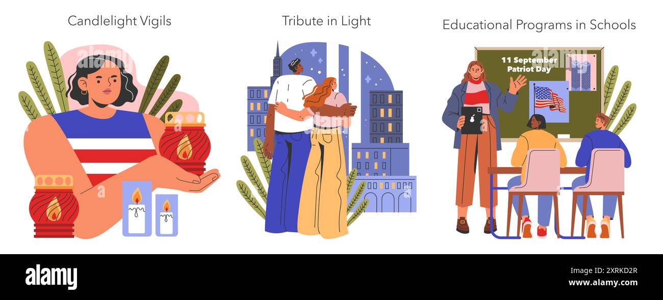 Patriot Day set. Illustration of citizens honoring 9 11 with ...