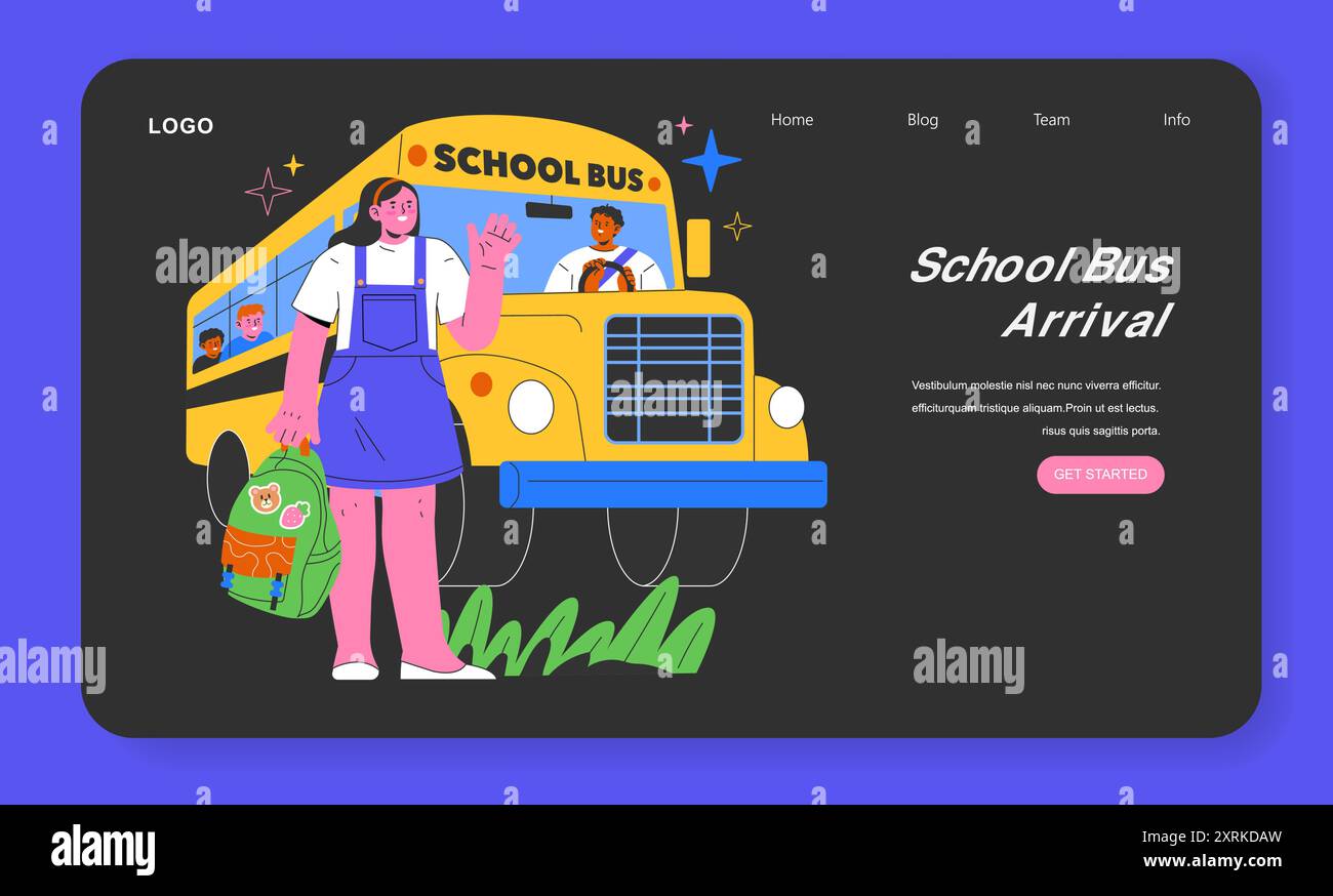 Back to School concept. Children greeting from a school bus, with a ...