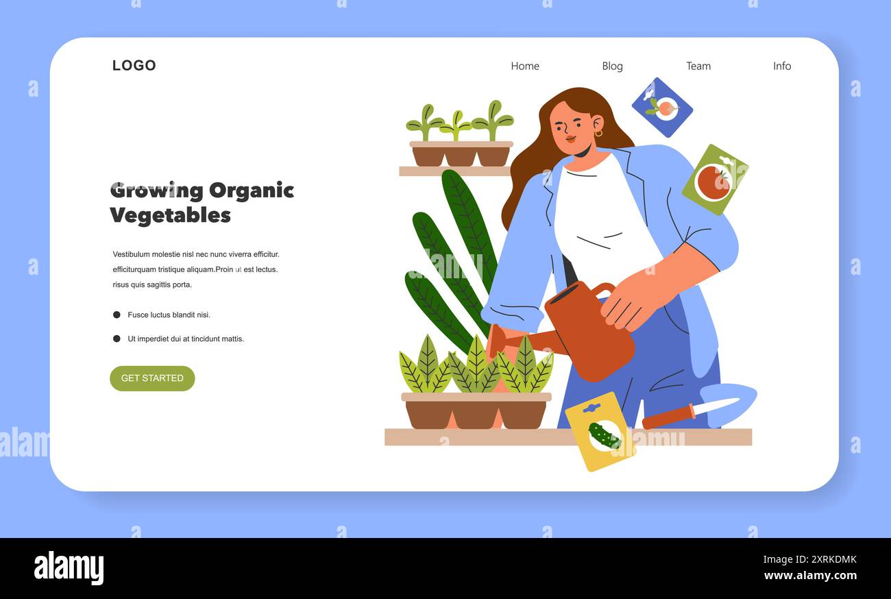 Sustainable lifestyle concept. A woman tends to her organic vegetable seedlings on a user ...