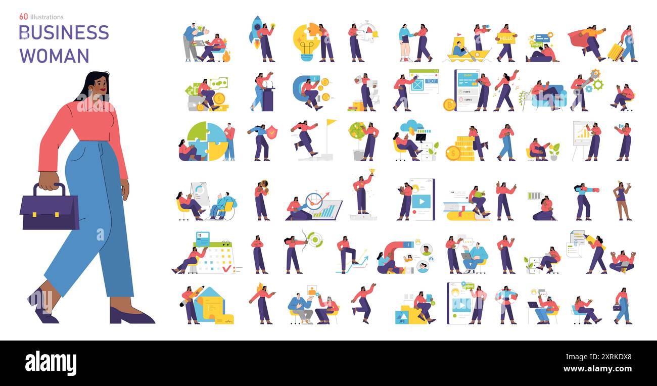 Business Woman set. Diverse professional scenarios and workplace tasks ...