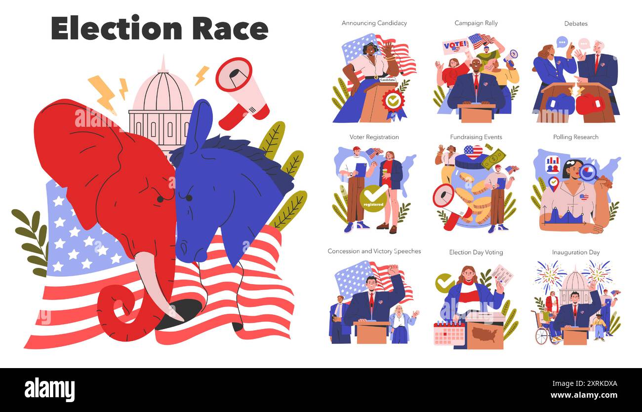 Election Race set. Various stages of the democratic process illustrated ...